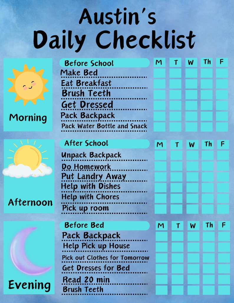 Editable Kids Chore Chart, Kids Daily Checklist Canva, Editable ...