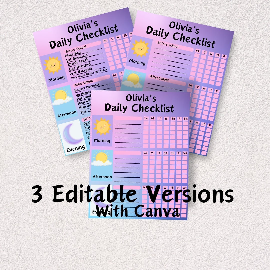 Editable Kids Chore Chart, Kids Daily Checklist Canva, Editable ...