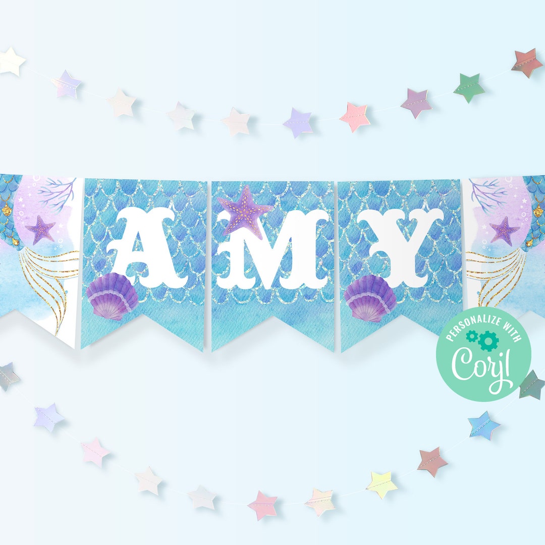 Editable Mermaid Custom Name Birthday Banner Instant Download ...