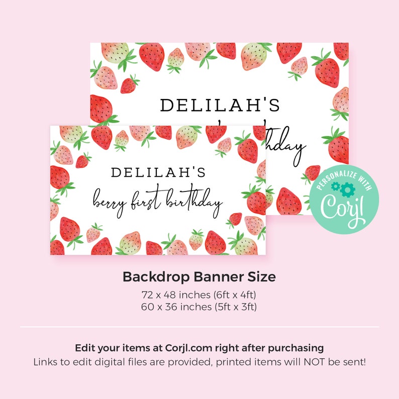 Editable Strawberry Birthday Backdrop Welcome Banner Instant - Etsy