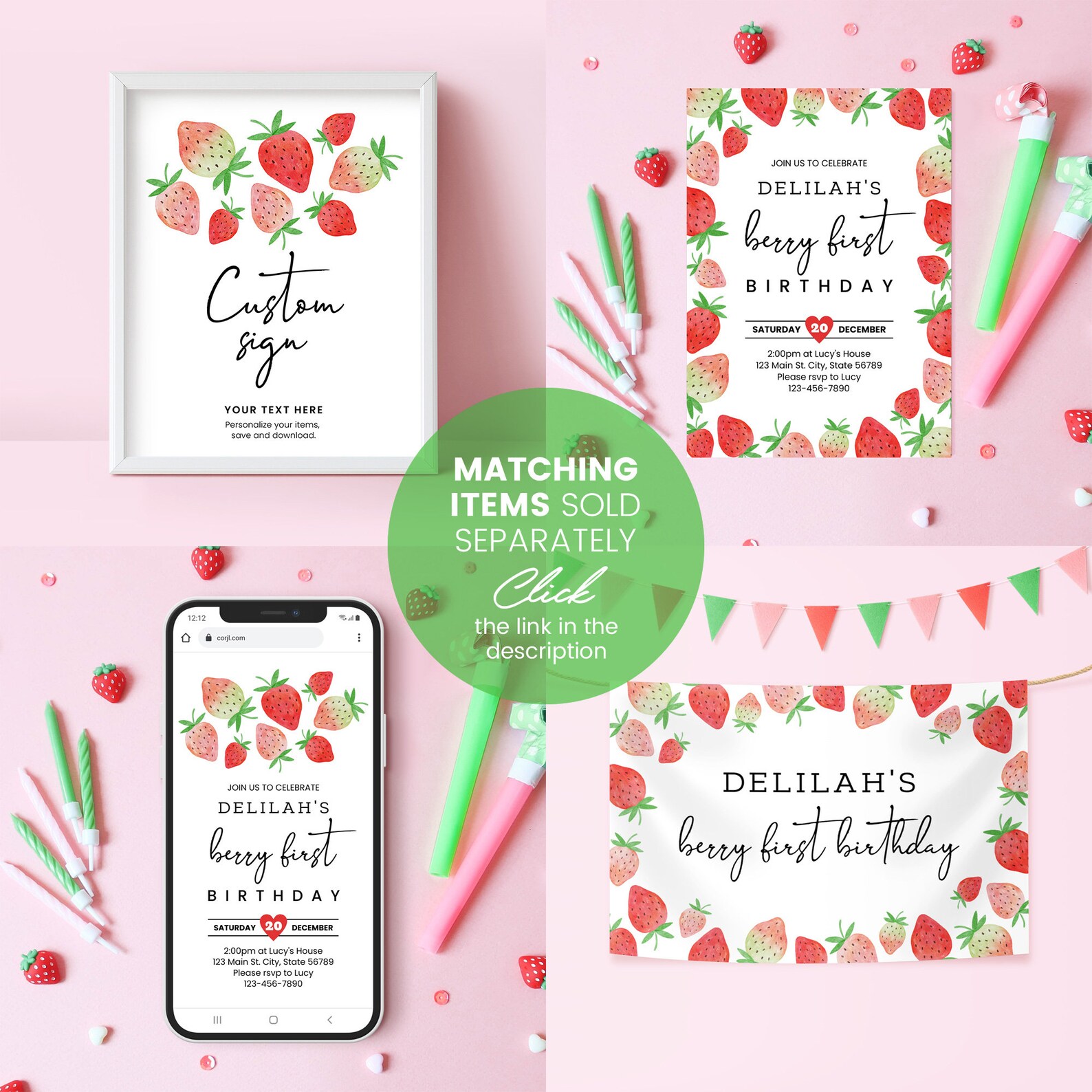 Editable Strawberry Birthday Backdrop Welcome Banner Instant - Etsy