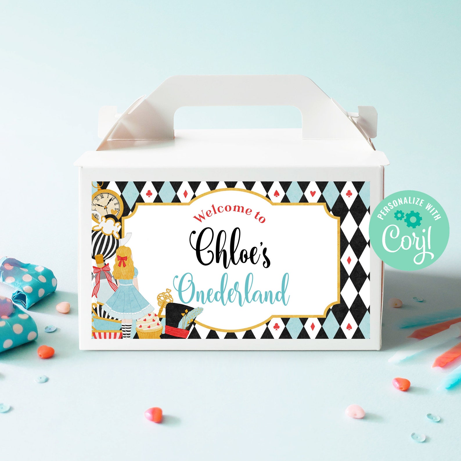 Editable Alice in Wonderland Gable Box Label Template Instant - Etsy