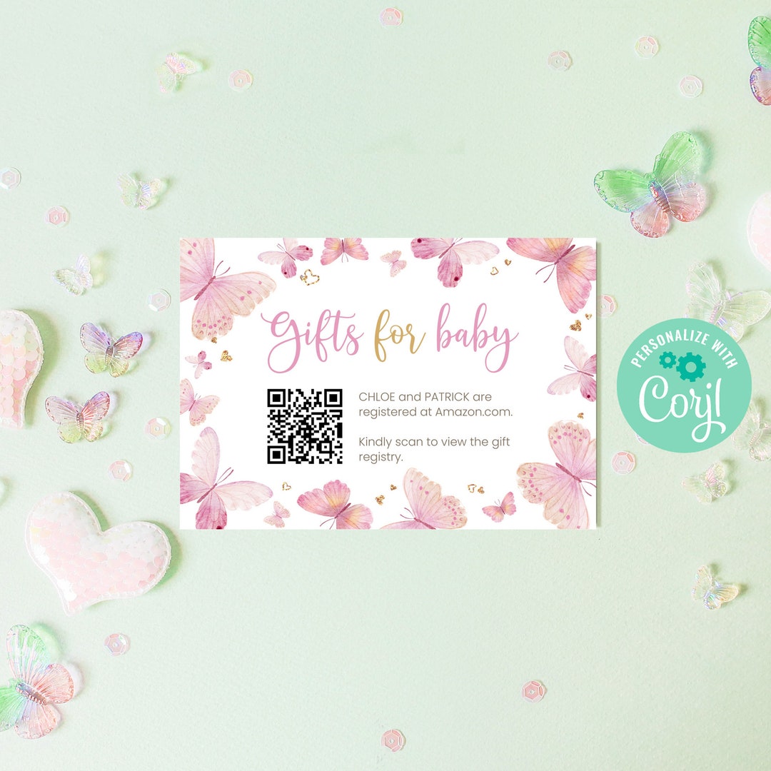 Editable Butterfly Baby Shower QR Code Gift Registry Card, Butterfly ...