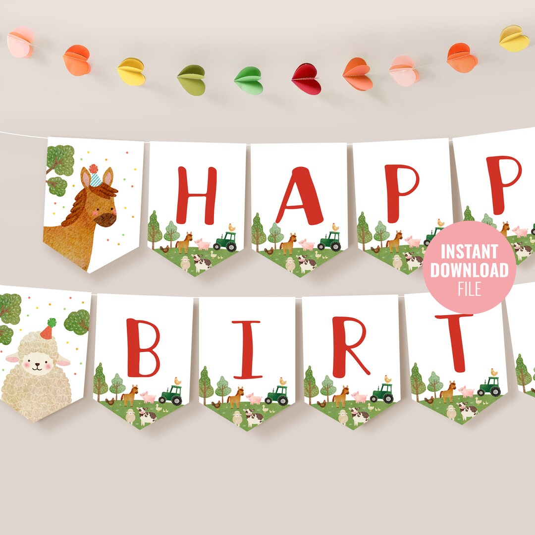Printable Farm Animals Happy Birthday Banner Template Instant Download ...