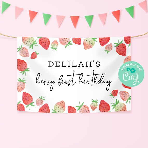 Editable Strawberry Birthday Backdrop Welcome Banner Instant - Etsy