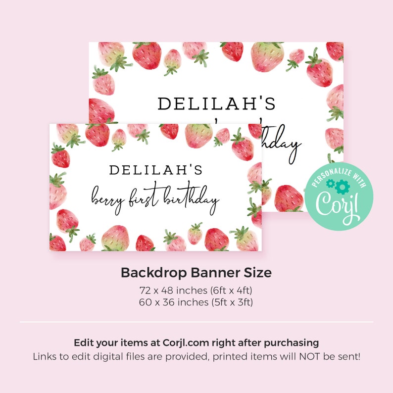 Editable Strawberry Birthday Backdrop Welcome Banner Instant - Etsy
