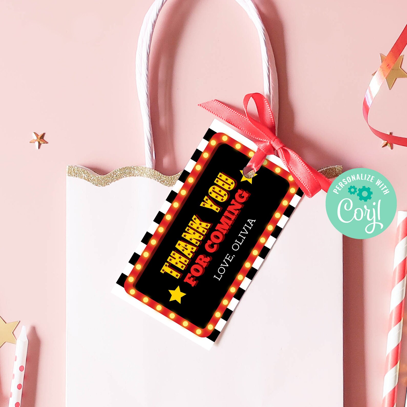 Editable Movie Night Birthday Thank You Favor Tag Template - Etsy