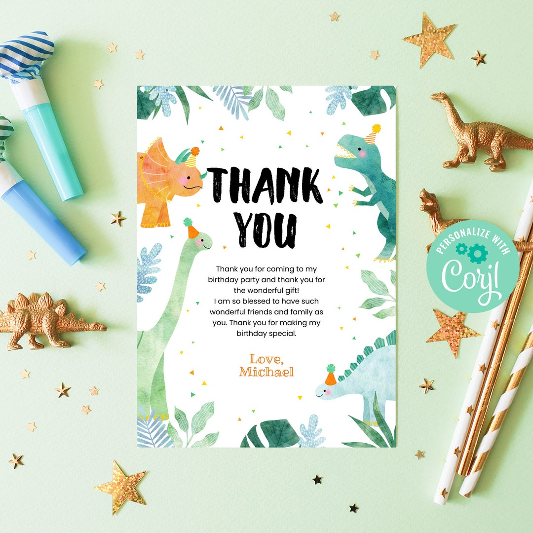 Editable Dinosaur Thank You Note, Dinosaur Theme Party for Kids Thank ...