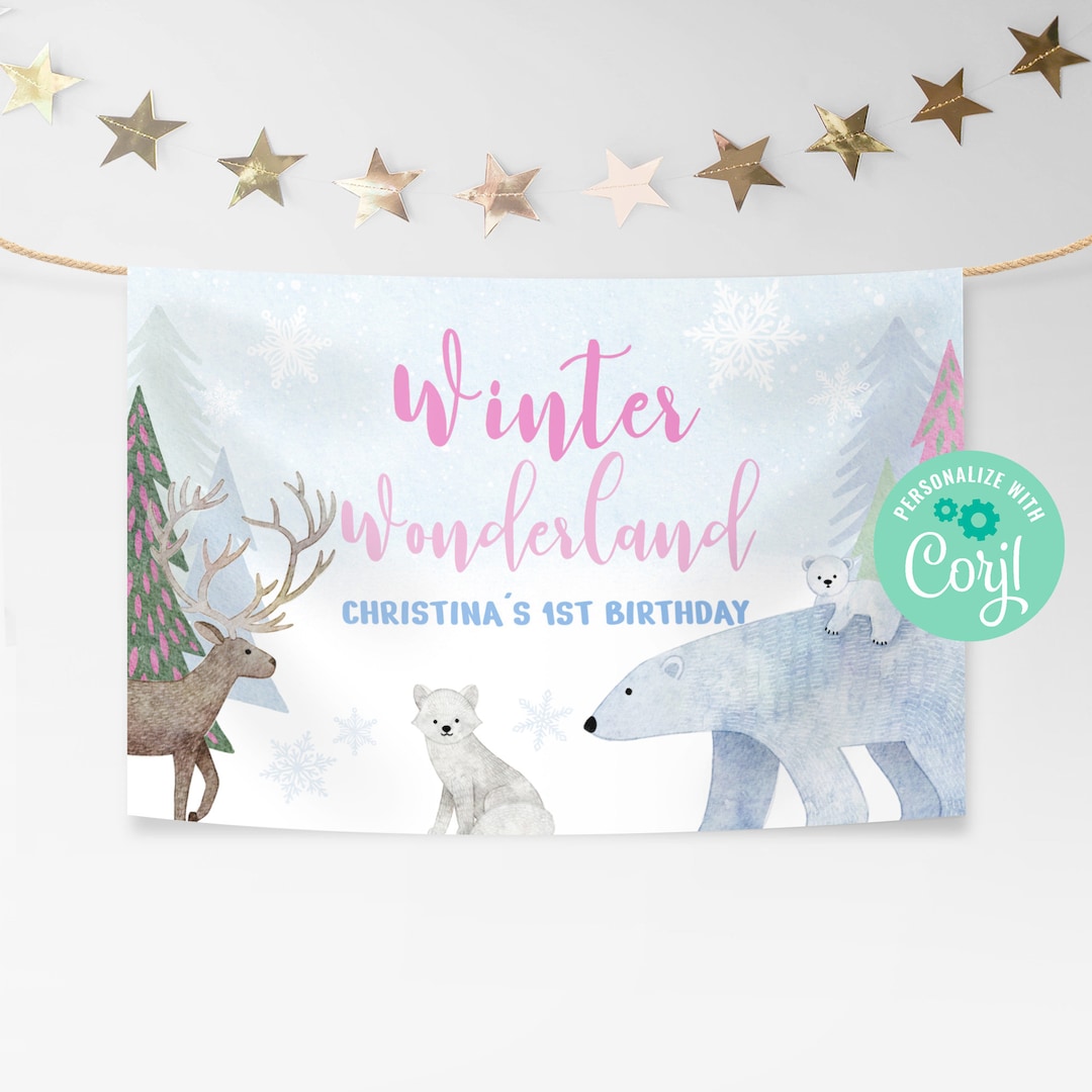 Editable Winter Wonderland Backdrop Banner, Polar Bear Winter Theme ...