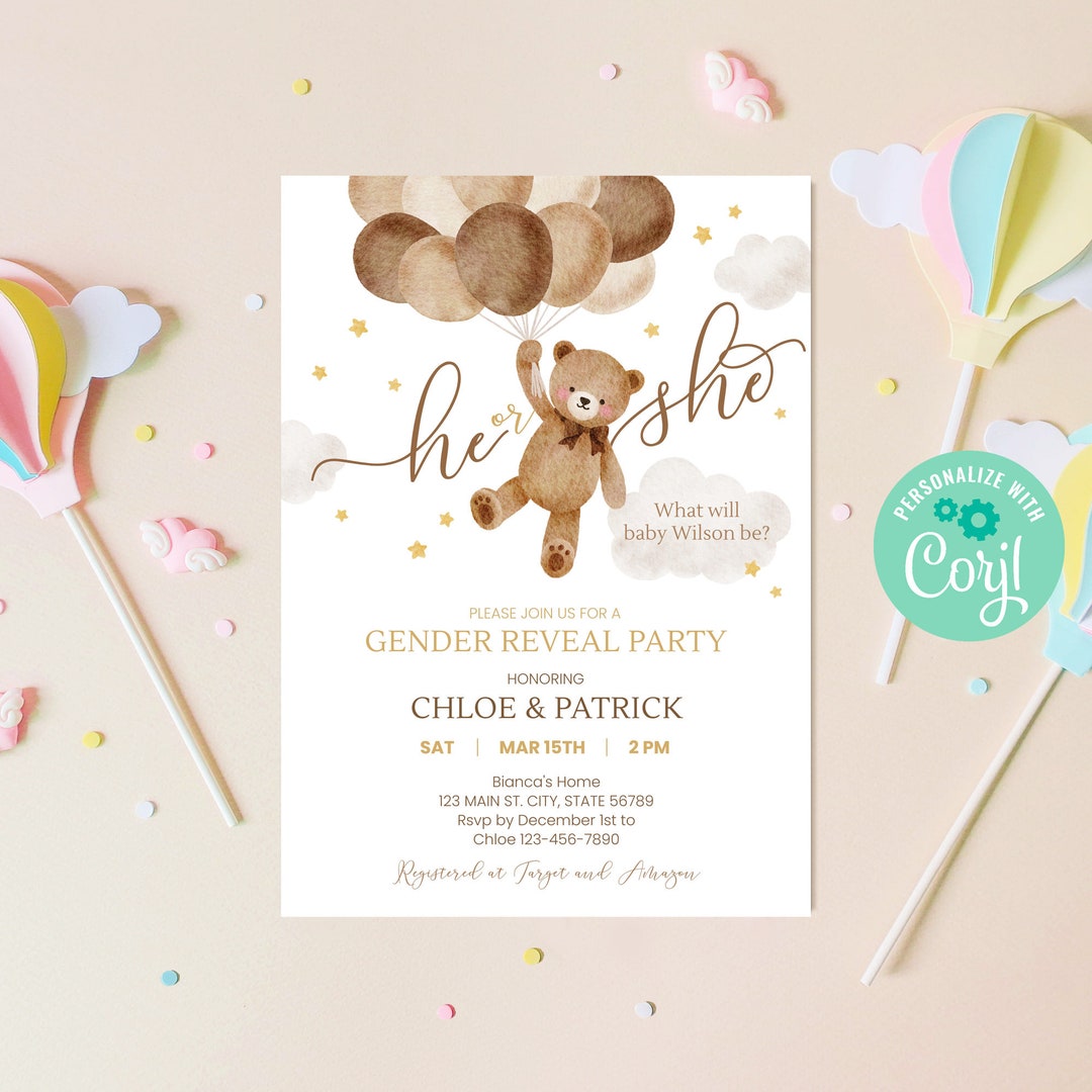 Editable Teddy Bear Gender Reveal Invitation, Gender Neutral Baby ...