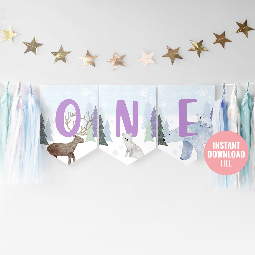 Printable Winter Wonderland ONE Banner, Arctic Woodland Animals First ...