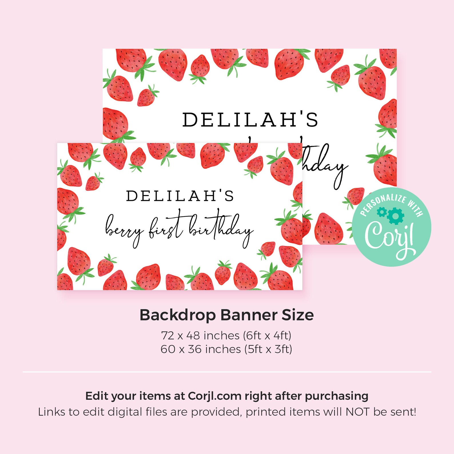 Editable Strawberry Birthday Backdrop Welcome Banner Instant - Etsy