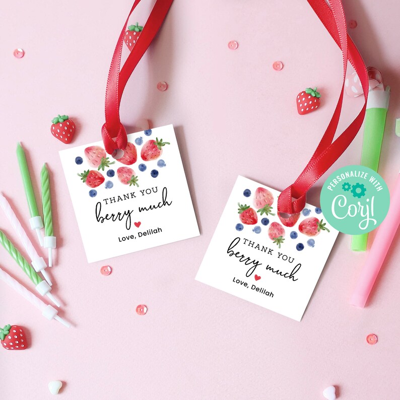 Editable Strawberry Birthday Thank You Favor Tag Berry First - Etsy