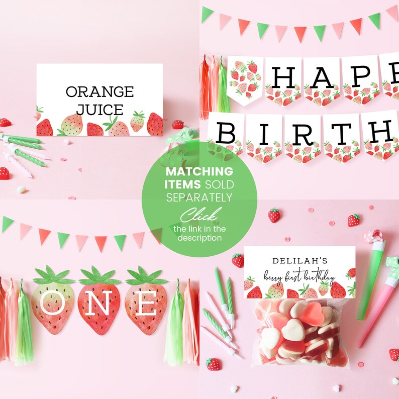 Editable Strawberry Birthday Treat Bag Topper Template Instant - Etsy