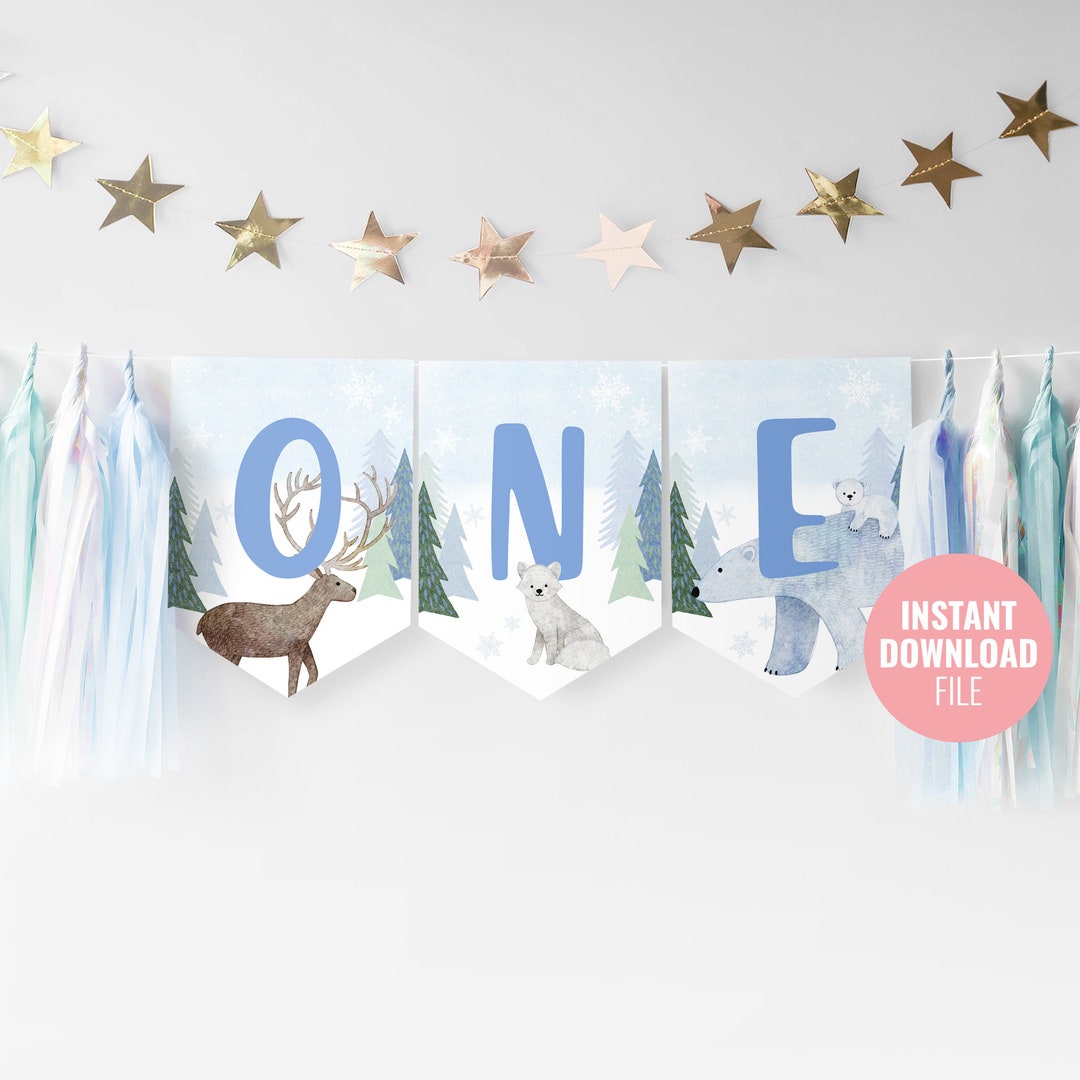 Printable Winter Wonderland ONE Banner, Arctic Woodland Animals First ...