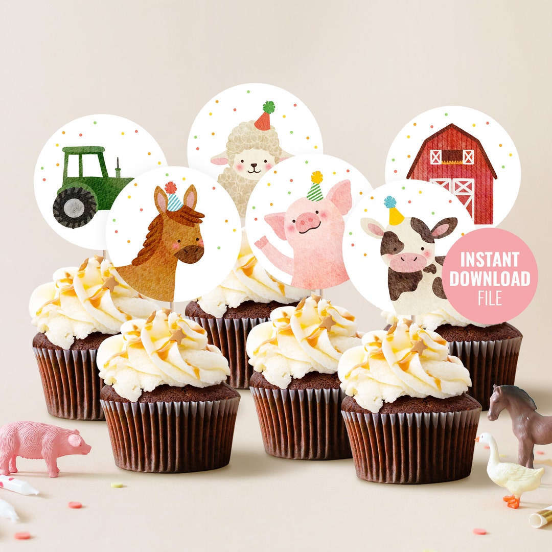 Printable Farm Animals Birthday Cupcake Topper Instant Download, Red ...
