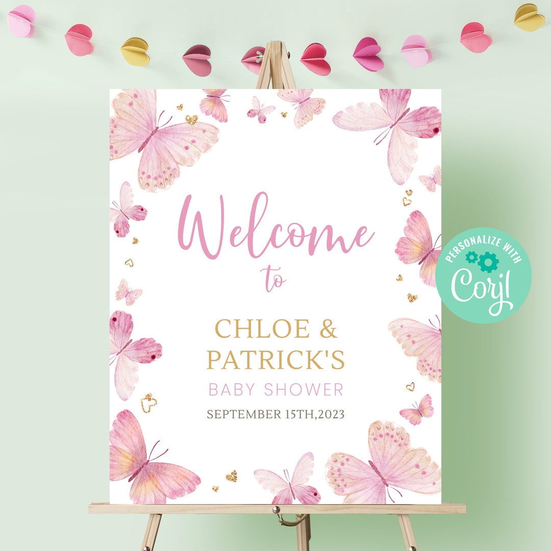 Editable Butterfly Baby Shower Welcome Sign Pink Gold - Etsy
