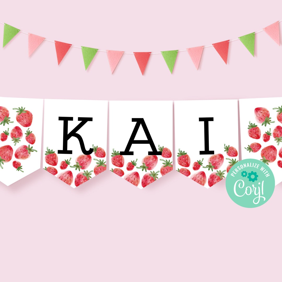 Editable Strawberry Custom Name Birthday Banner, Berry First Strawberry ...