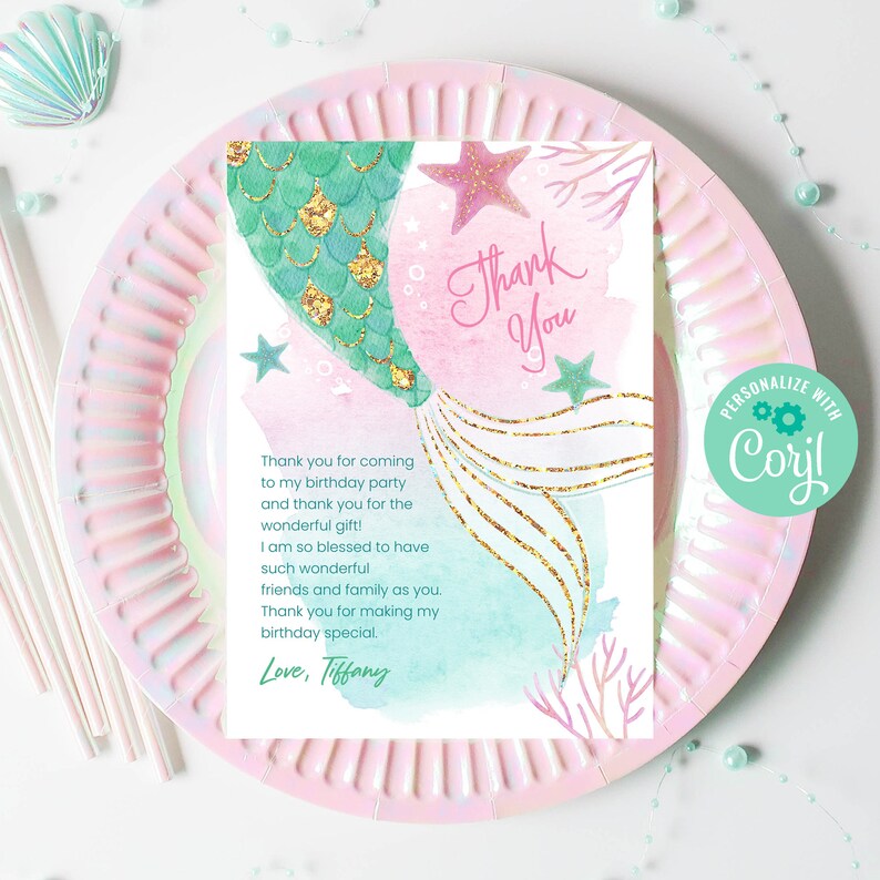 Editable Mermaid Thank You Note Template Instant Download - Etsy