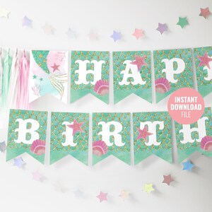 Printable Mermaid Happy Birthday Banner Instant Downloadunder - Etsy