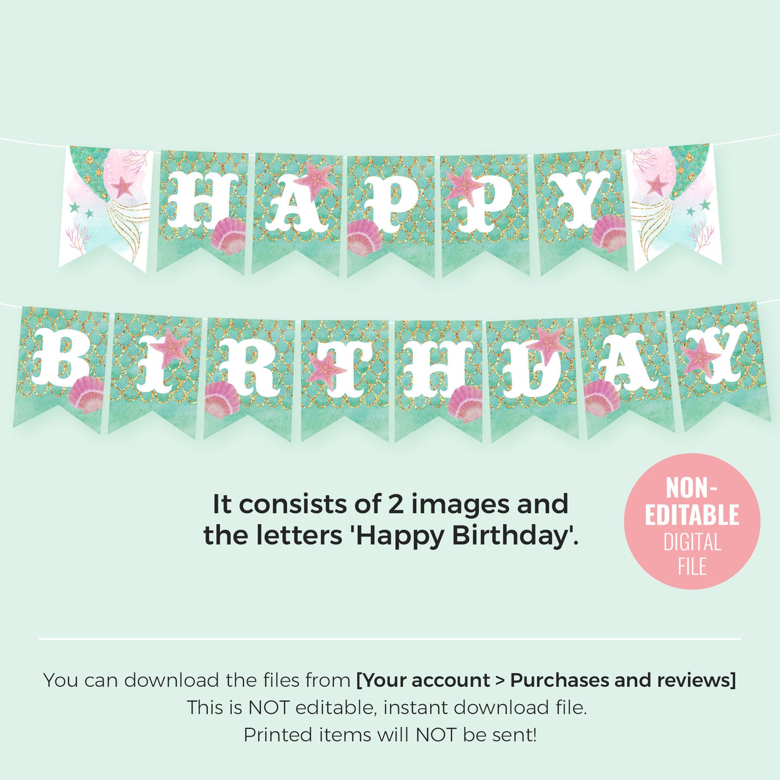 Printable Mermaid Happy Birthday Banner Instant Downloadunder - Etsy