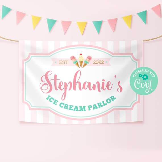 Editable Ice Cream Birthday Backdrop Welcome Banner Instant | Etsy