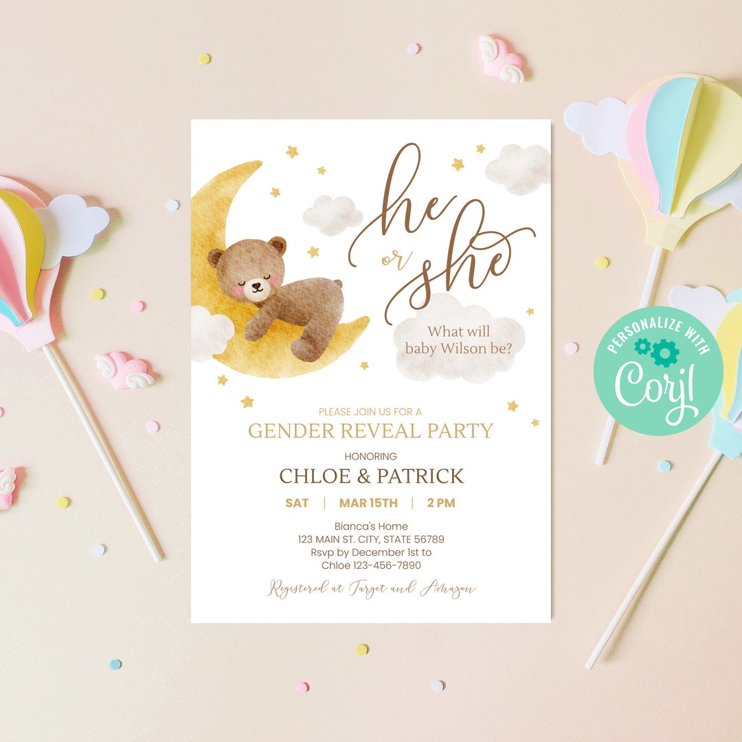 Editable Teddy Bear Gender Reveal Invitation, Gender Neutral Baby ...