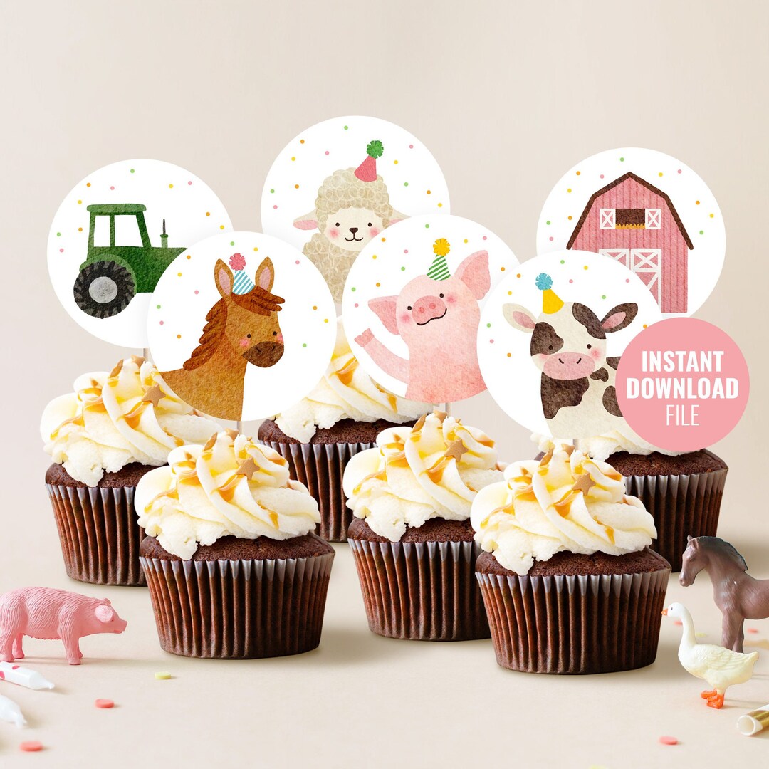 Printable Farm Animals Birthday Cupcake Topper Instant Download, Pink ...