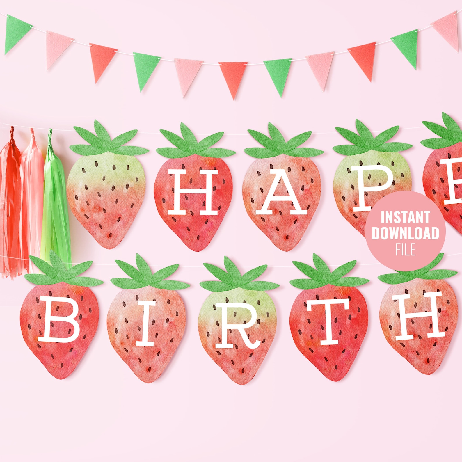 Printable Strawberry Happy Birthday Banner Template Instant - Etsy