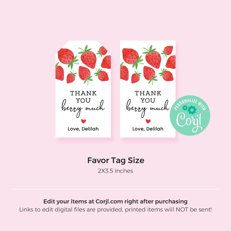 Editable Strawberry Birthday Thank You Favor Tag Template - Etsy