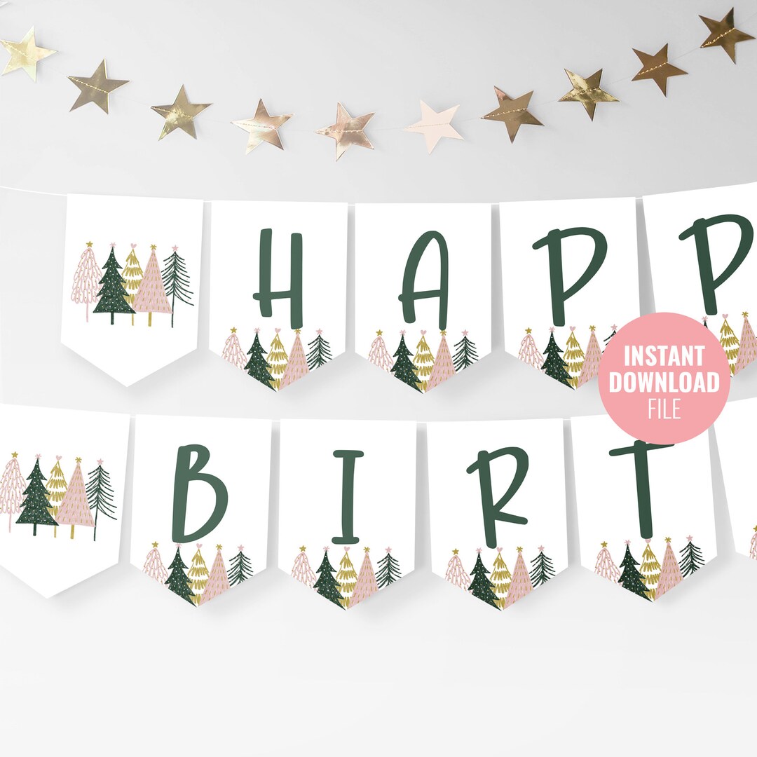 Printable Winter Wonderland Banner Snow Tree Happy Birthday - Etsy