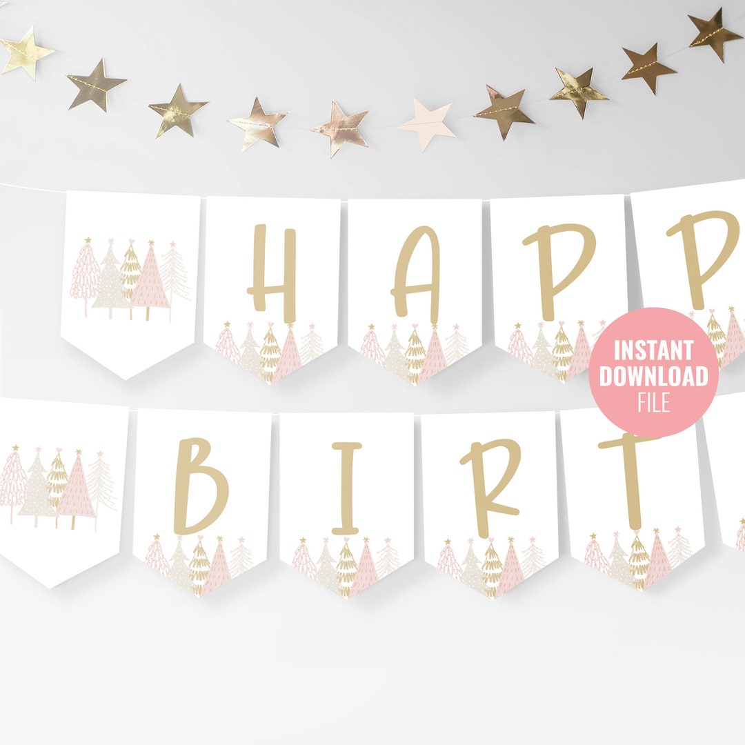 Printable Winter Wonderland Banner, Snow Tree Happy Birthday Banner ...