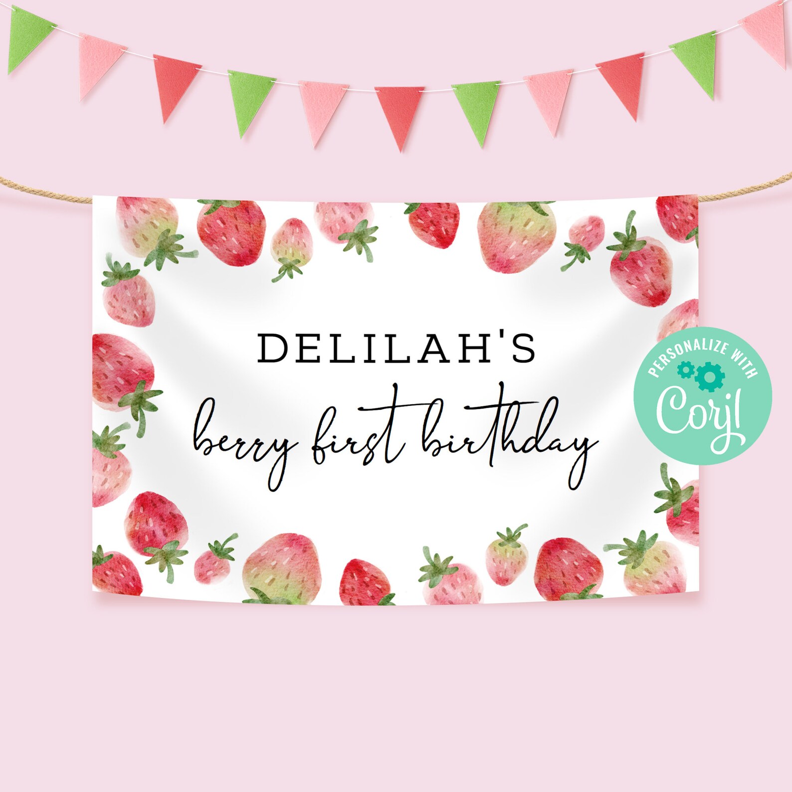 Editable Strawberry Birthday Backdrop Welcome Banner Instant - Etsy