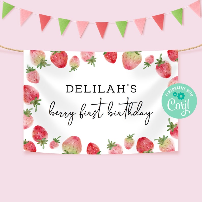 Editable Strawberry Birthday Backdrop Welcome Banner Instant - Etsy