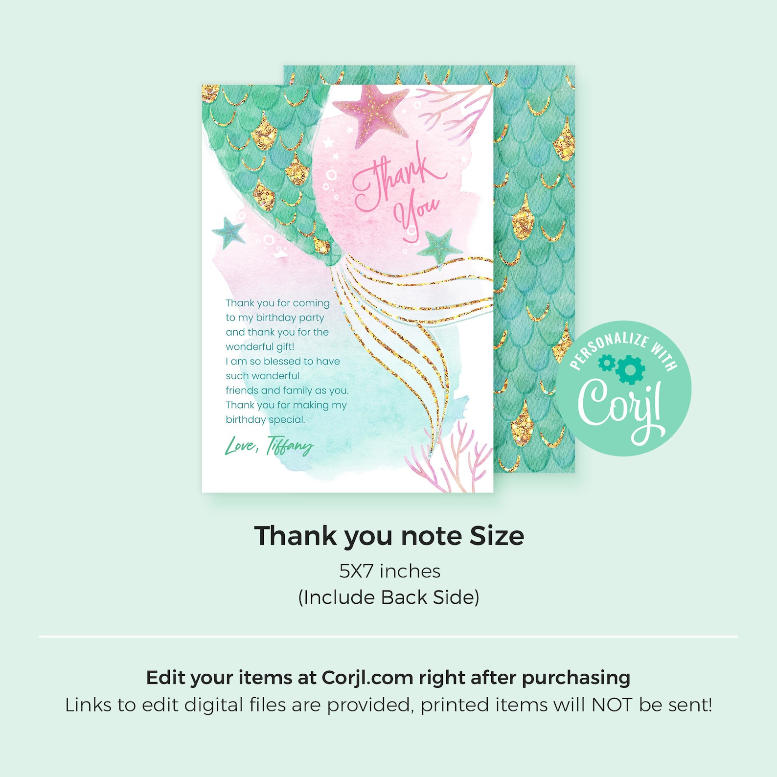 Editable Mermaid Thank You Note Template Instant Download - Etsy
