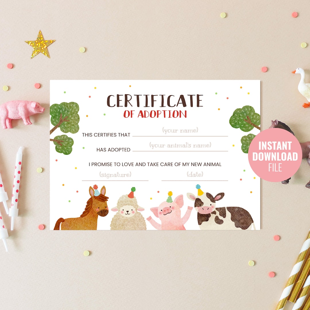 Printable Farm Animals Adoption Certificate Instant Download, Red ...