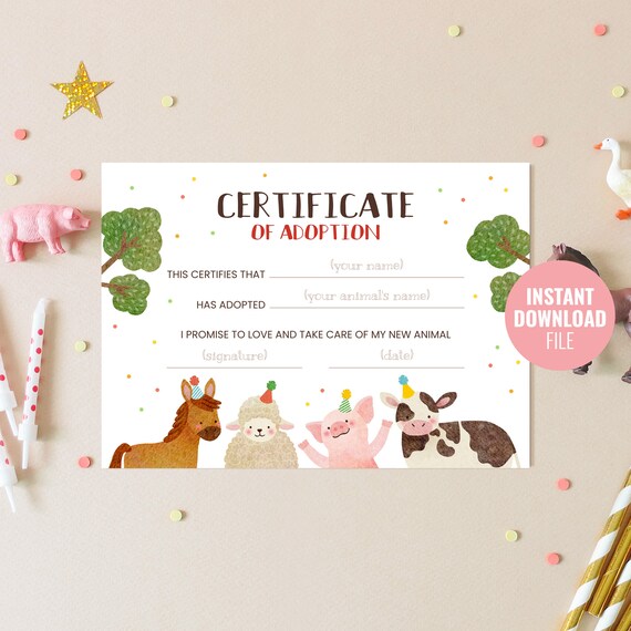 Printable Farm Animals Adoption Certificate Instant Download - Etsy