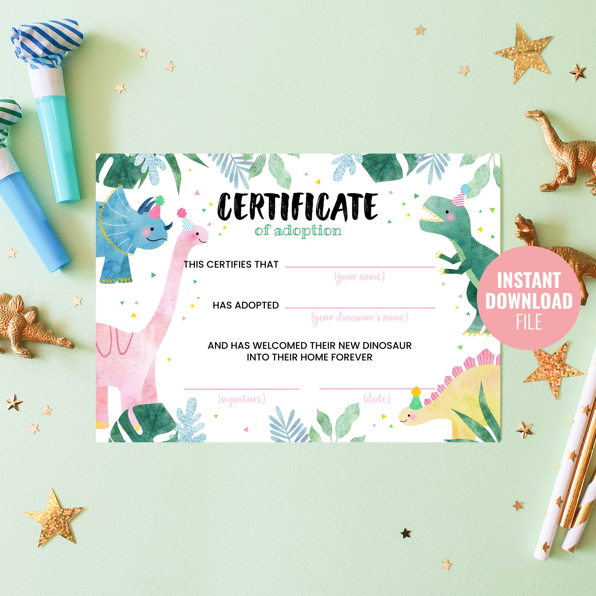 Printable Dinosaur Adoption Certificate Instant Download - Etsy Ireland