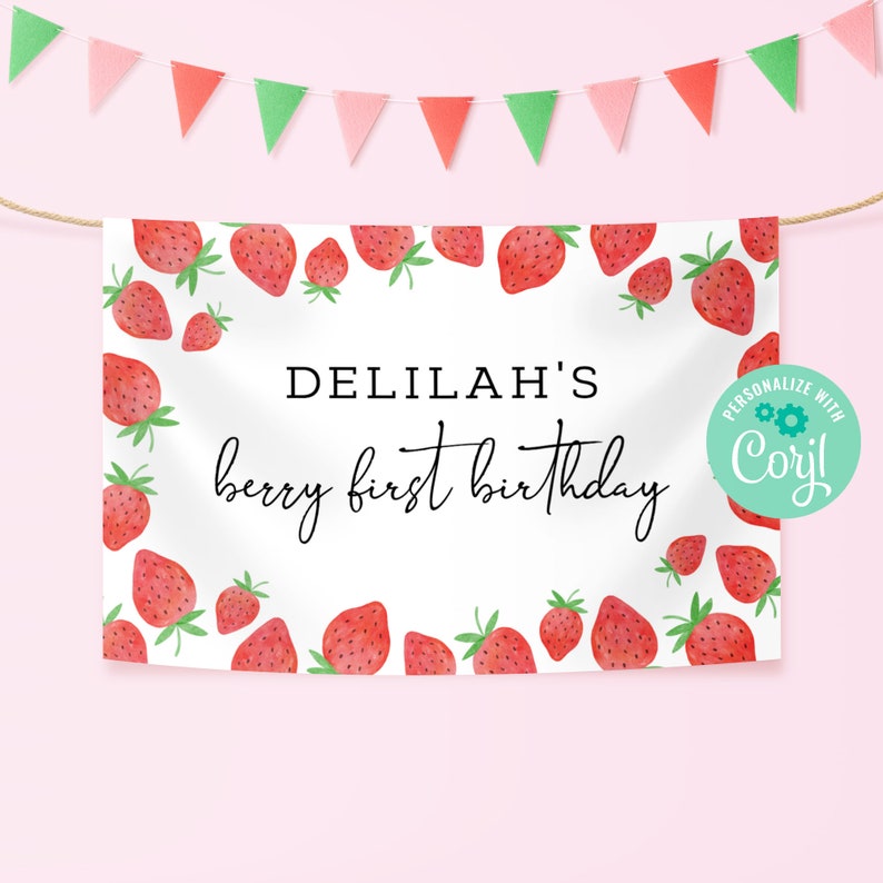 Editable Strawberry Birthday Backdrop Welcome Banner Instant - Etsy