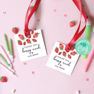 Editable Strawberry Birthday Thank You Favor Tag, Berry First ...