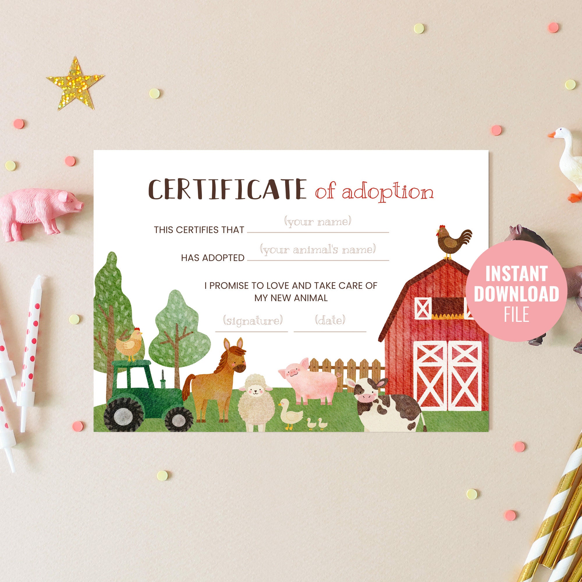 Printable Farm Animals Adoption Certificate Instant Download - Etsy