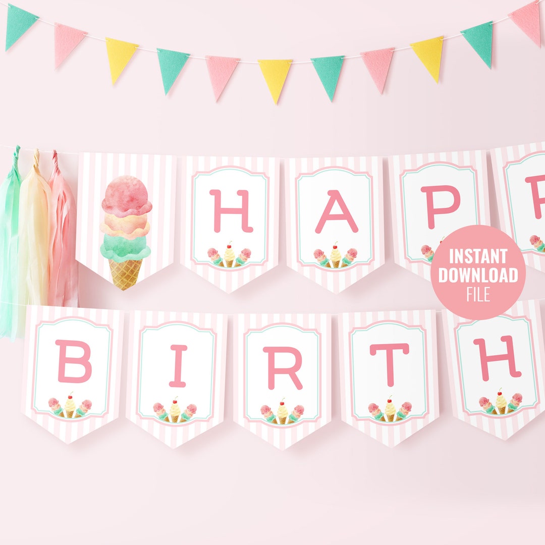 Printable Ice Cream Birthday Banner Instant Download, Here's the Scoop ...