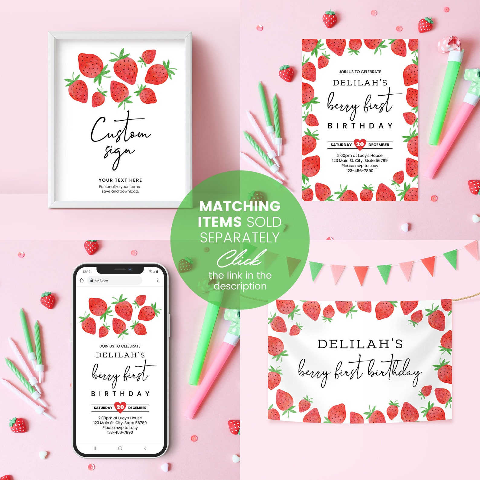 Editable Strawberry Birthday Backdrop Welcome Banner Instant - Etsy