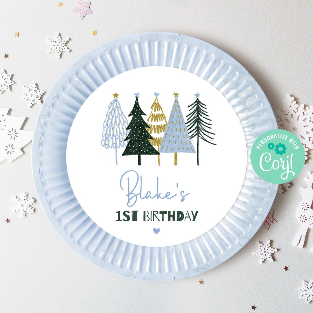 Editable Winter Wonderland Plate Label, Snow Tree Digital Birthday ...