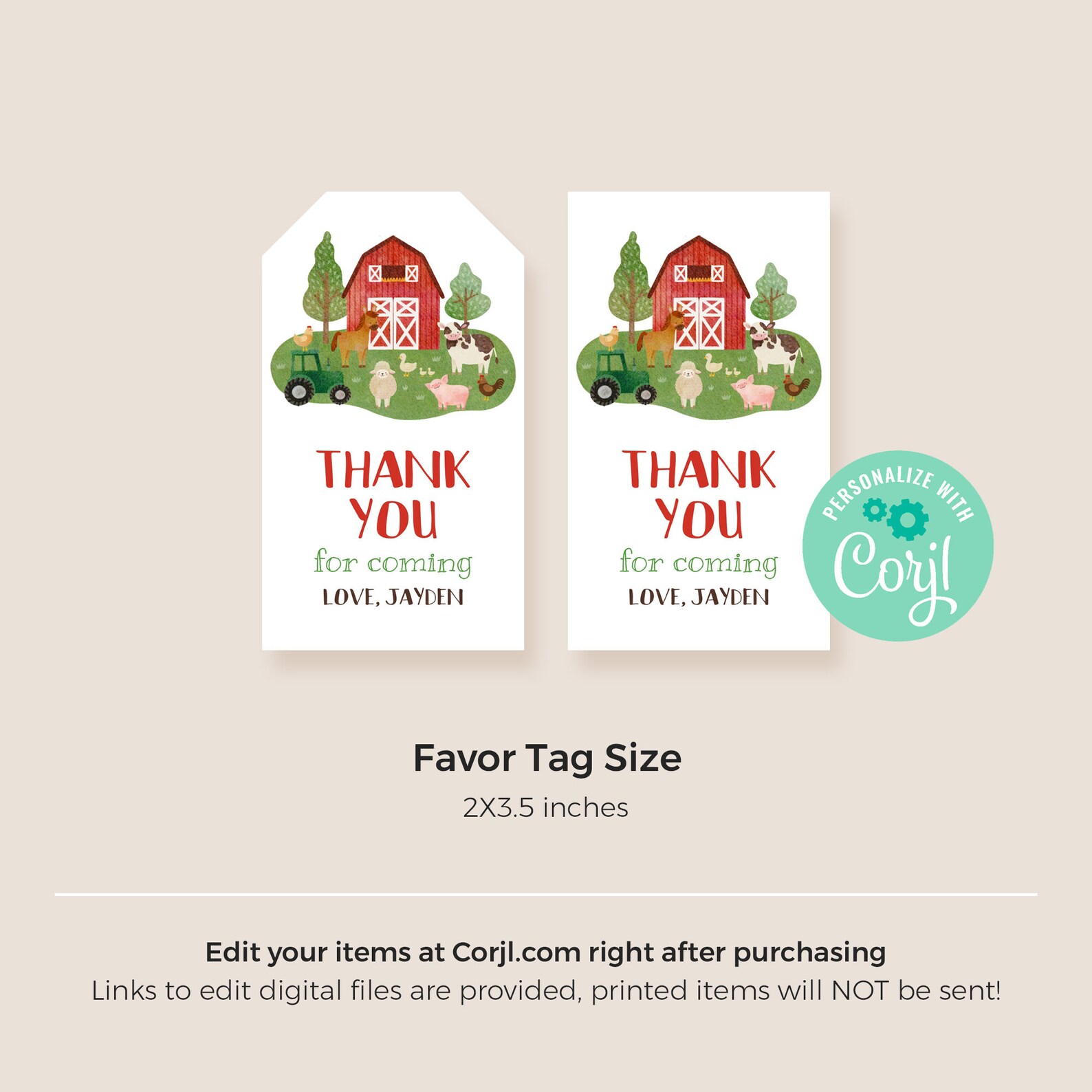Editable Farm Animals Birthday Thank You Favor Tag Template - Etsy
