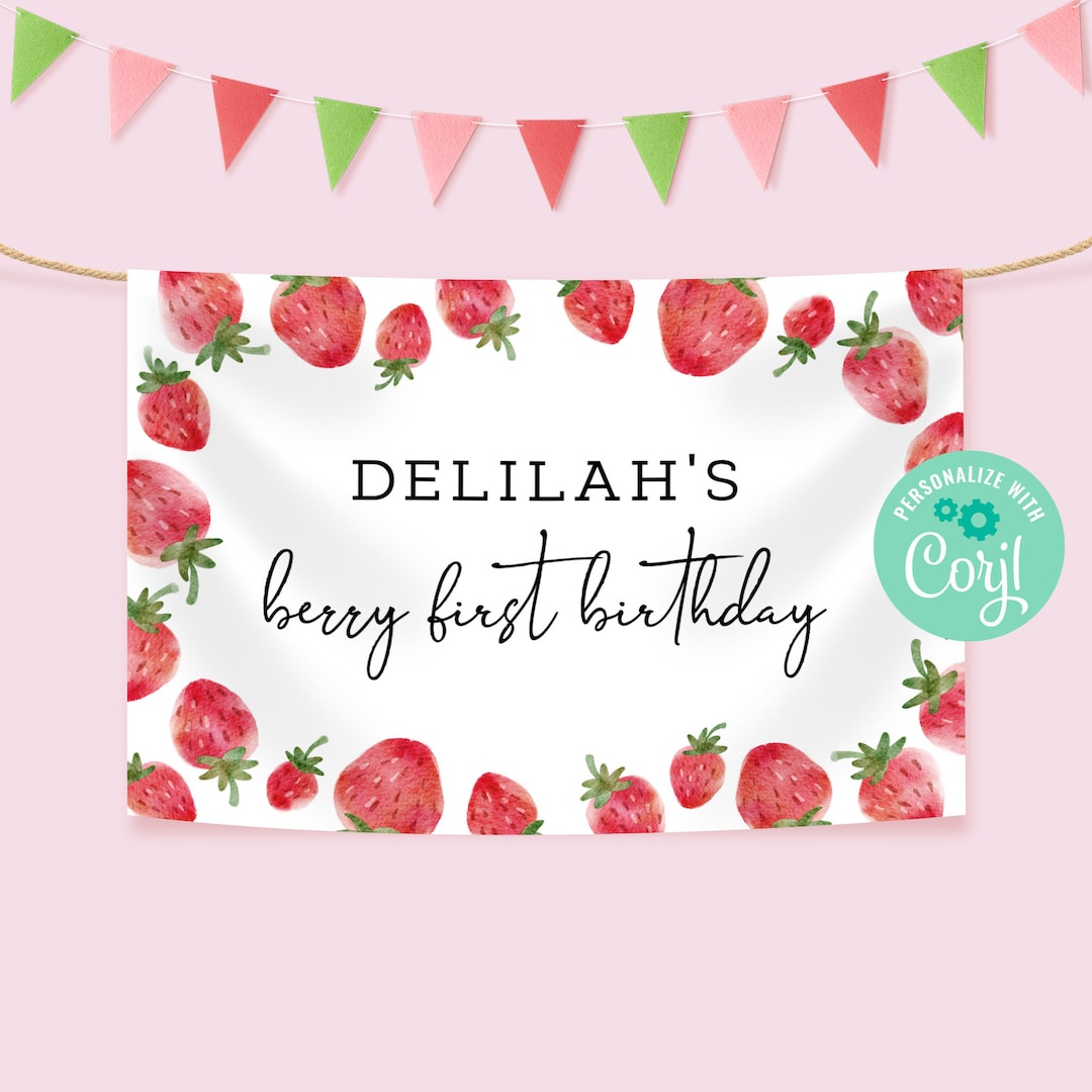 Editable Strawberry Birthday Backdrop Welcome Banner Instant Download ...