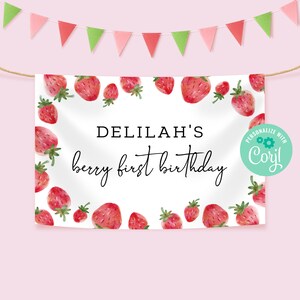 Editable Strawberry Birthday Backdrop Welcome Banner Instant Download ...