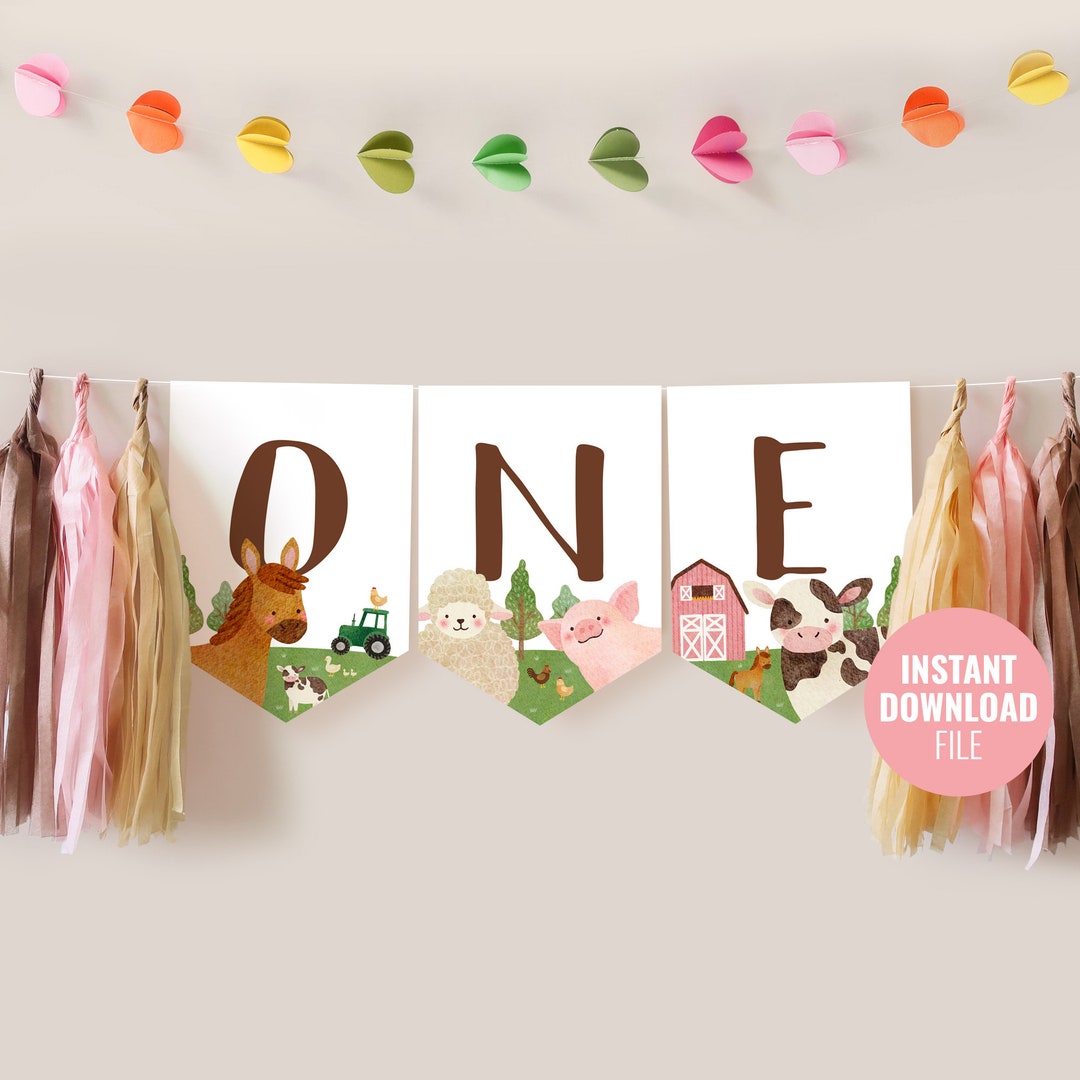 Printable Farm Animals First Birthday ONE Banner Instant Download,pink ...