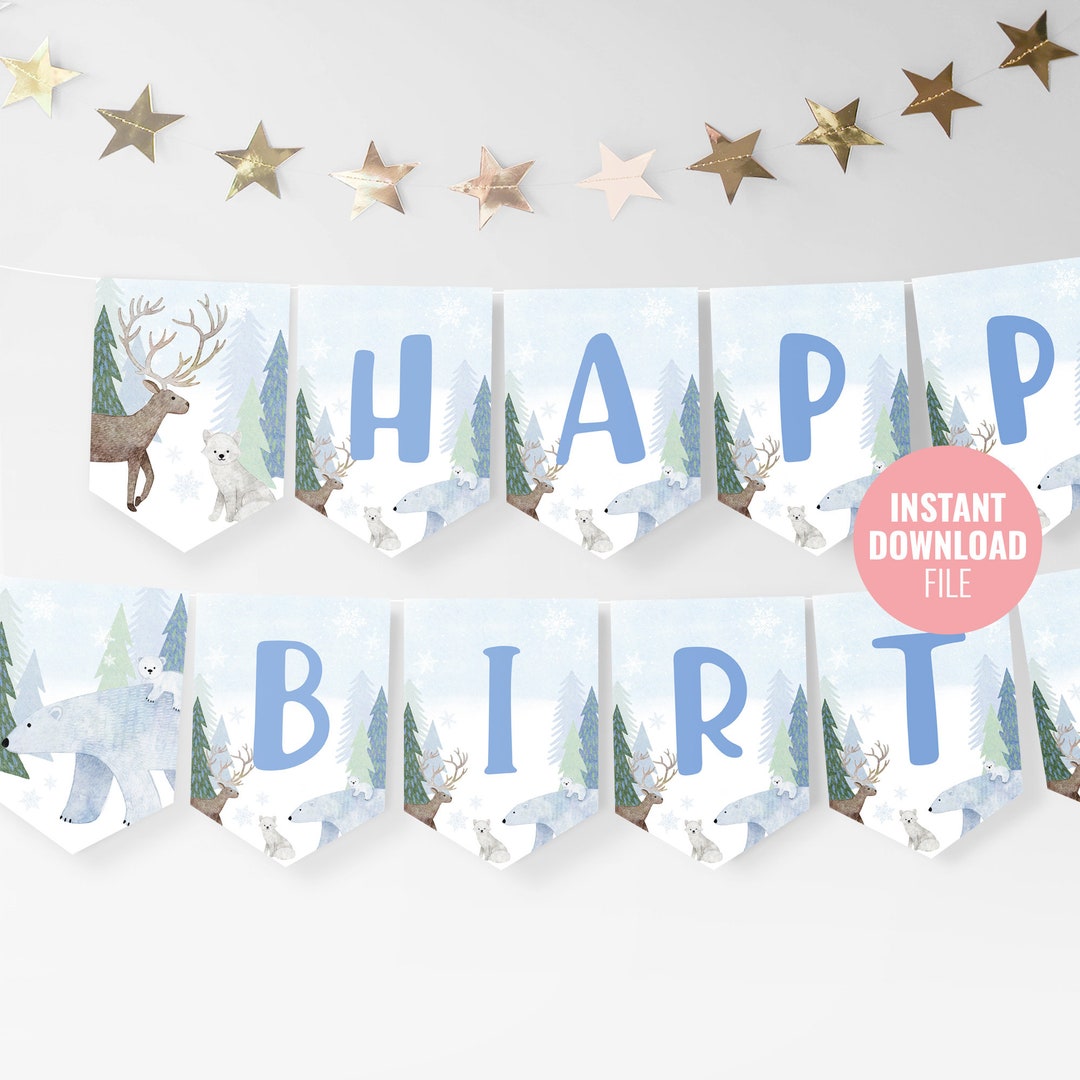 Printable Winter Wonderland Banner, Polar Bear Winter Theme Birthday ...