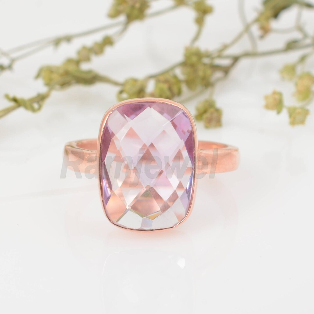 Natural Pink Amethyst Ring Cushion Cut Ring Rose Gold Ring Gemstone ...
